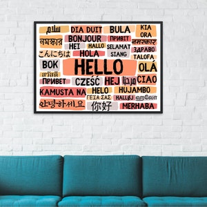 Hello Poster in Different Languages Landscape Warm Colours Digital ...