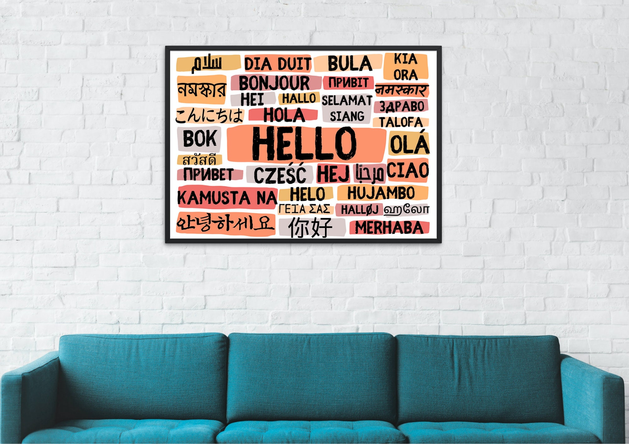 Hello Poster in Different Languages Landscape Warm Colours Digital ...
