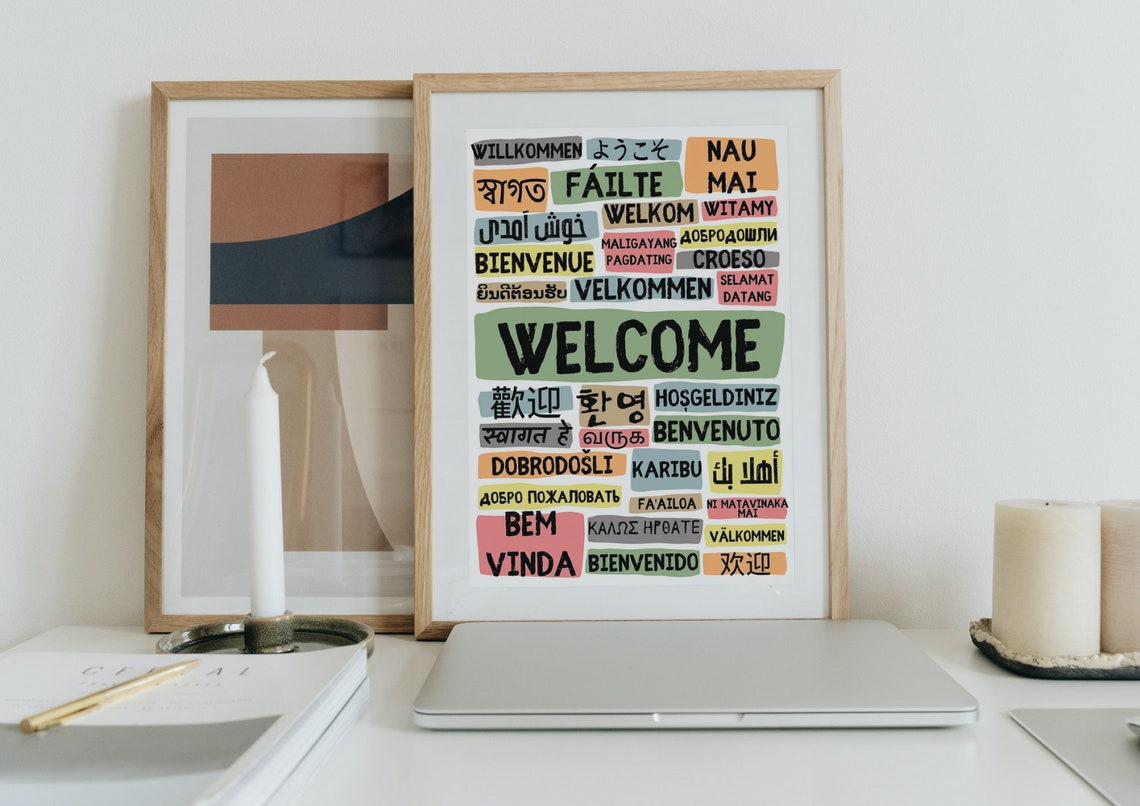 Welcome Poster in Different Languages Portrait Cool Colours Instant Digital Download ...