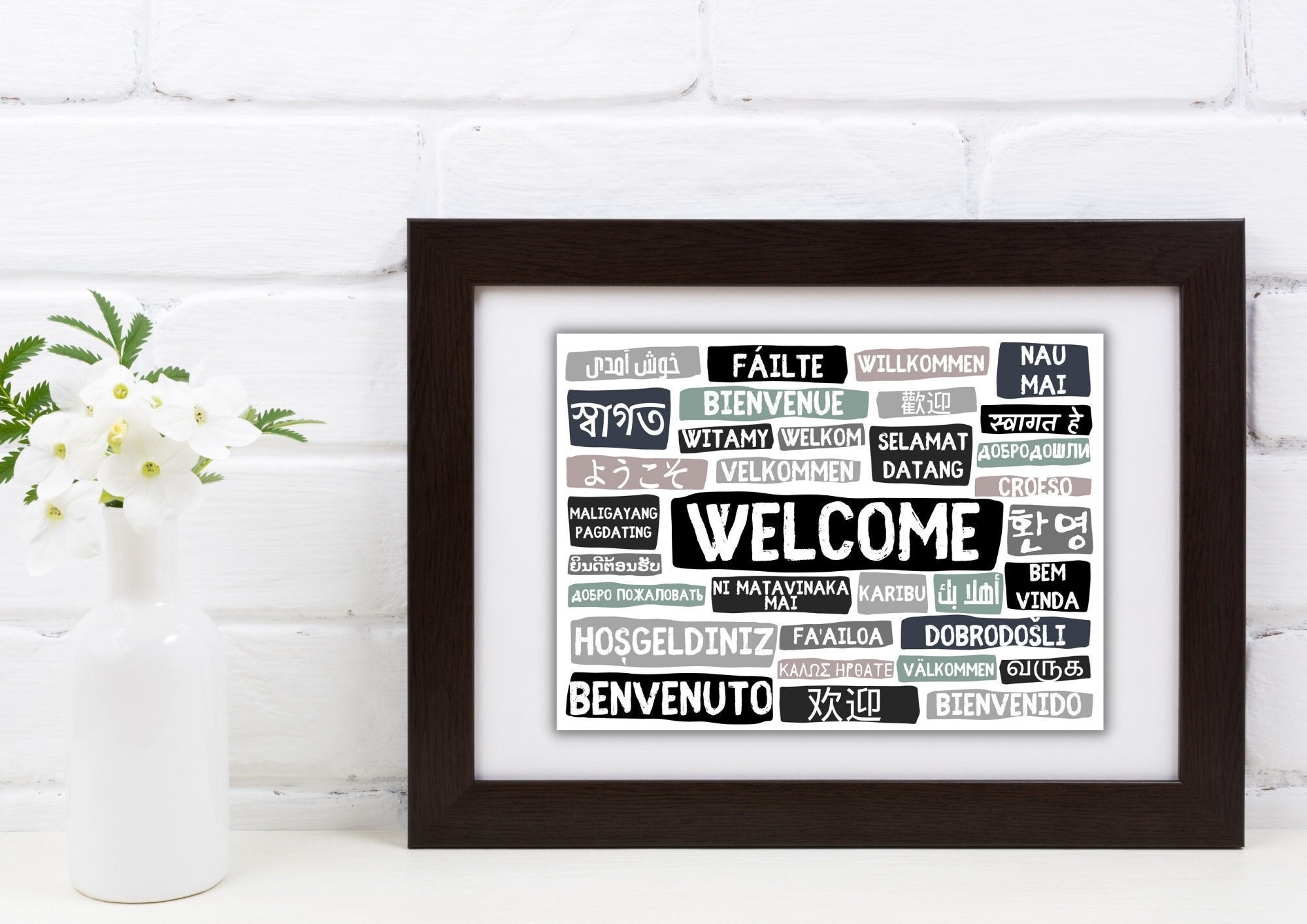 Welcome Poster in Different Languages Landscape Greys Instant Digital ...