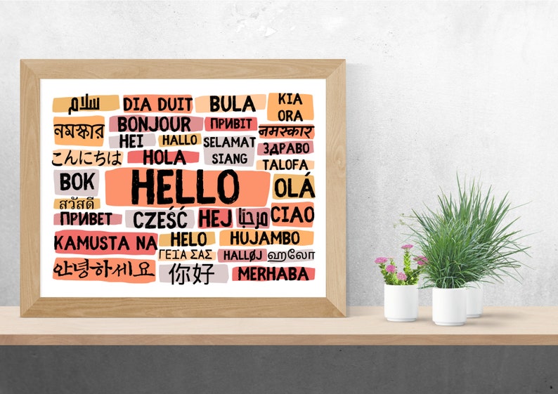 Hello Poster in Different Languages Landscape Warm Colours Digital Download Multilingual Wall ...