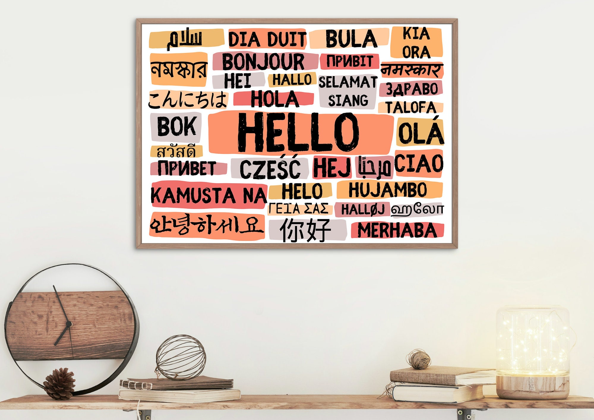 Hello Poster in Different Languages Landscape Warm Colours Digital ...