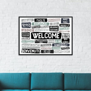 Welcome Poster in Different Languages Landscape Greys Instant Digital ...