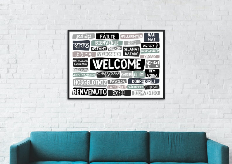 Welcome Poster in Different Languages Landscape Greys Instant Digital ...