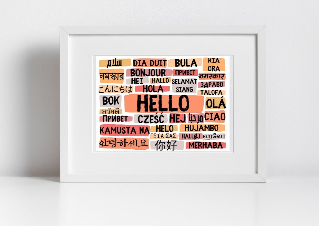 Hello Poster in Different Languages Landscape Warm Colours Digital Download Multilingual Wall ...