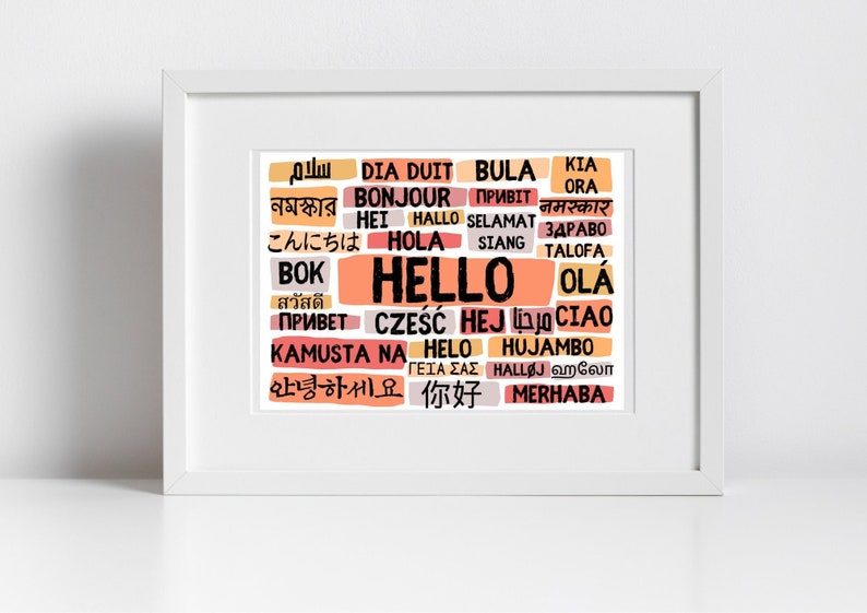 Hello Poster in Different Languages Landscape Warm Colours Digital ...
