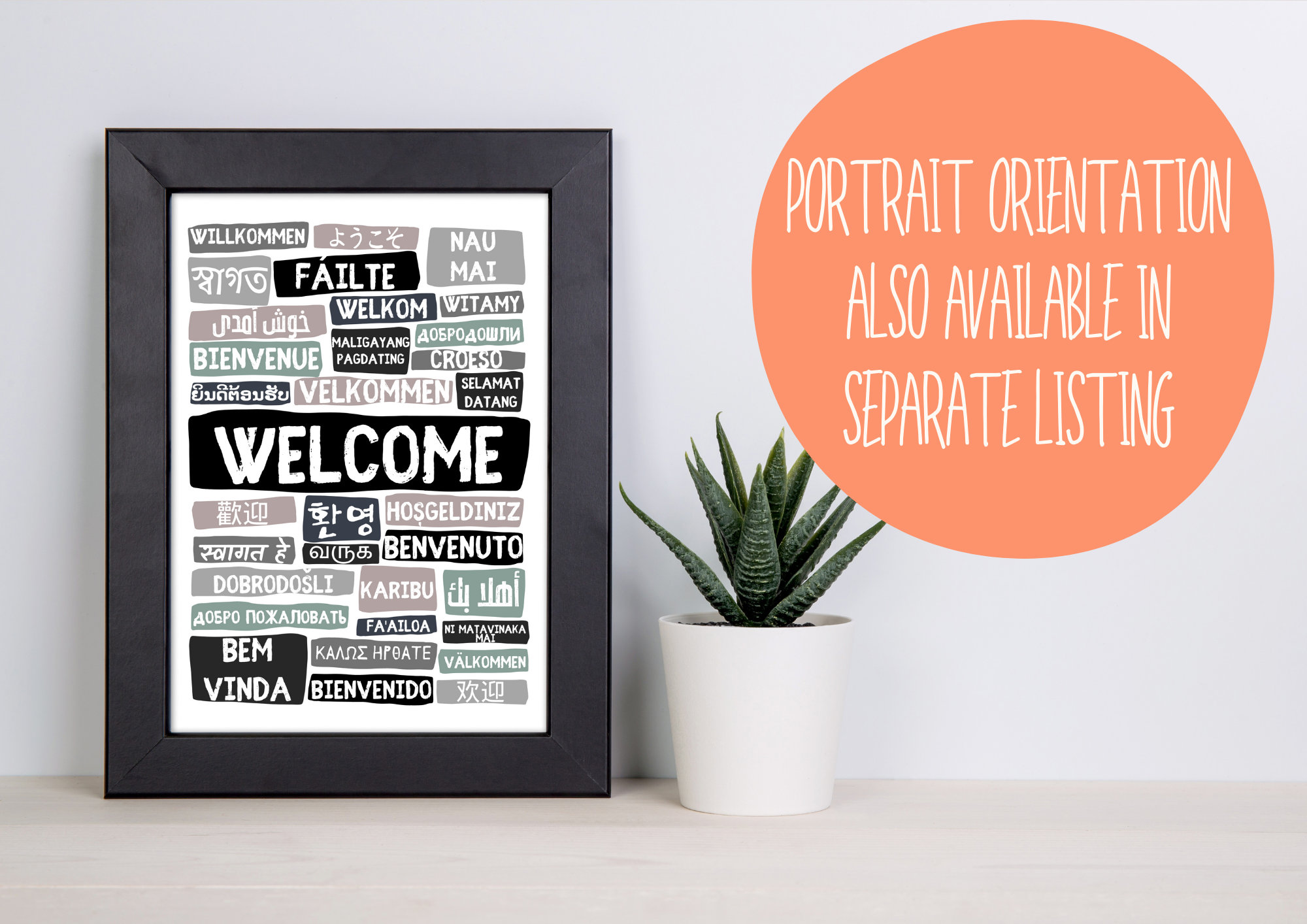 Welcome Poster in Different Languages Landscape Greys Instant Digital ...