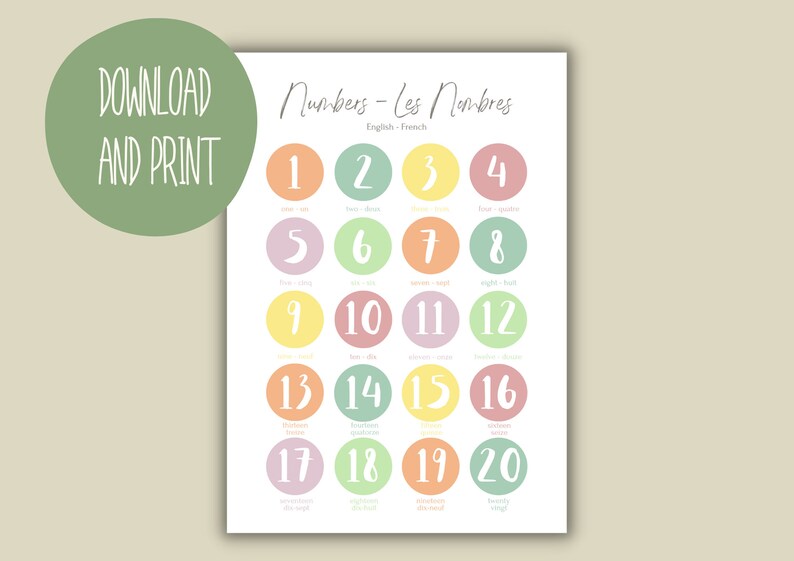 Rainbow Bilingual English & French Numbers Chart, 1-20 Digital Poster ...