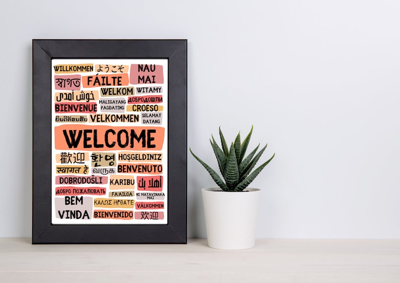 Welcome Poster in Different Languages - Portrait Warm Colours - Instant ...