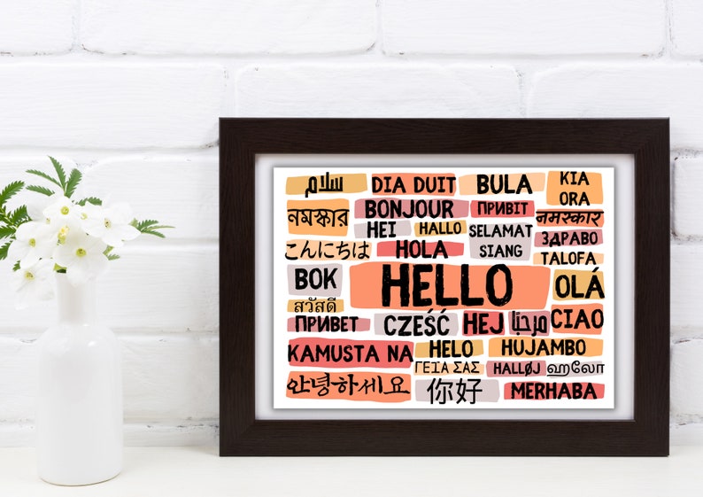 Hello Poster in Different Languages Landscape Warm Colours Digital ...