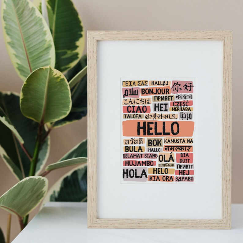 Hello Poster in Different Languages Portrait Warm Colours Digital ...