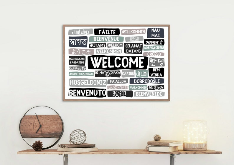 Welcome Poster in Different Languages Landscape Greys Instant Digital ...