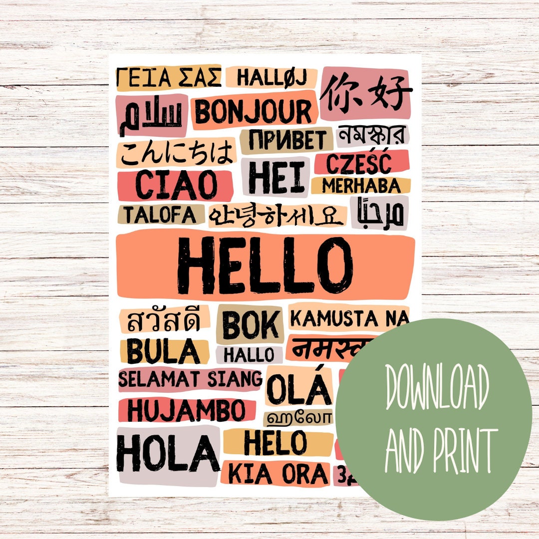 Hello Poster in Different Languages Portrait Warm Colours Digital Download Multilingual Wall Art ...