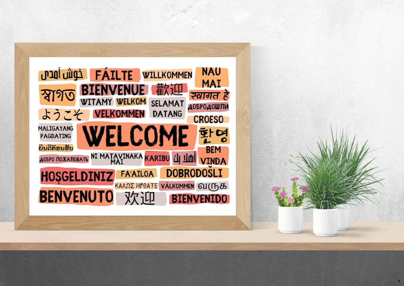 Welcome Poster in Different Languages Landscape Warm Colours - Etsy