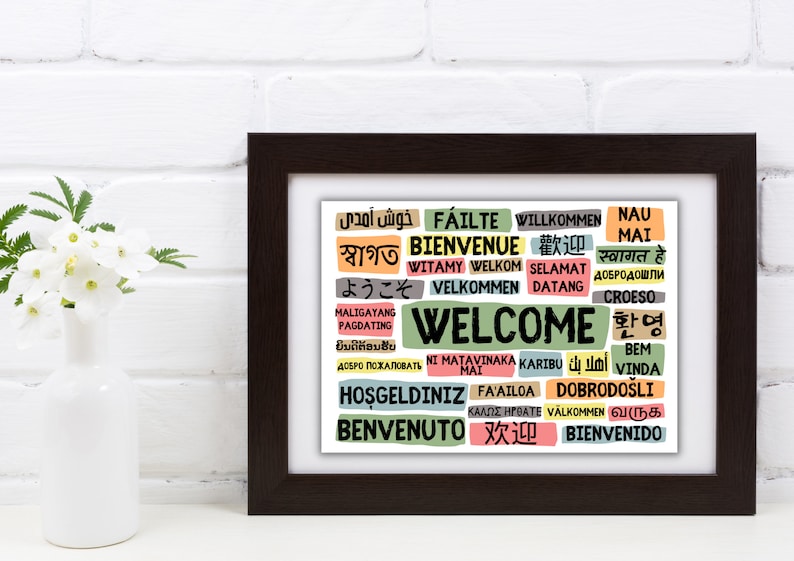 Welcome Poster in Different Languages - Landscape Cool Colours ...