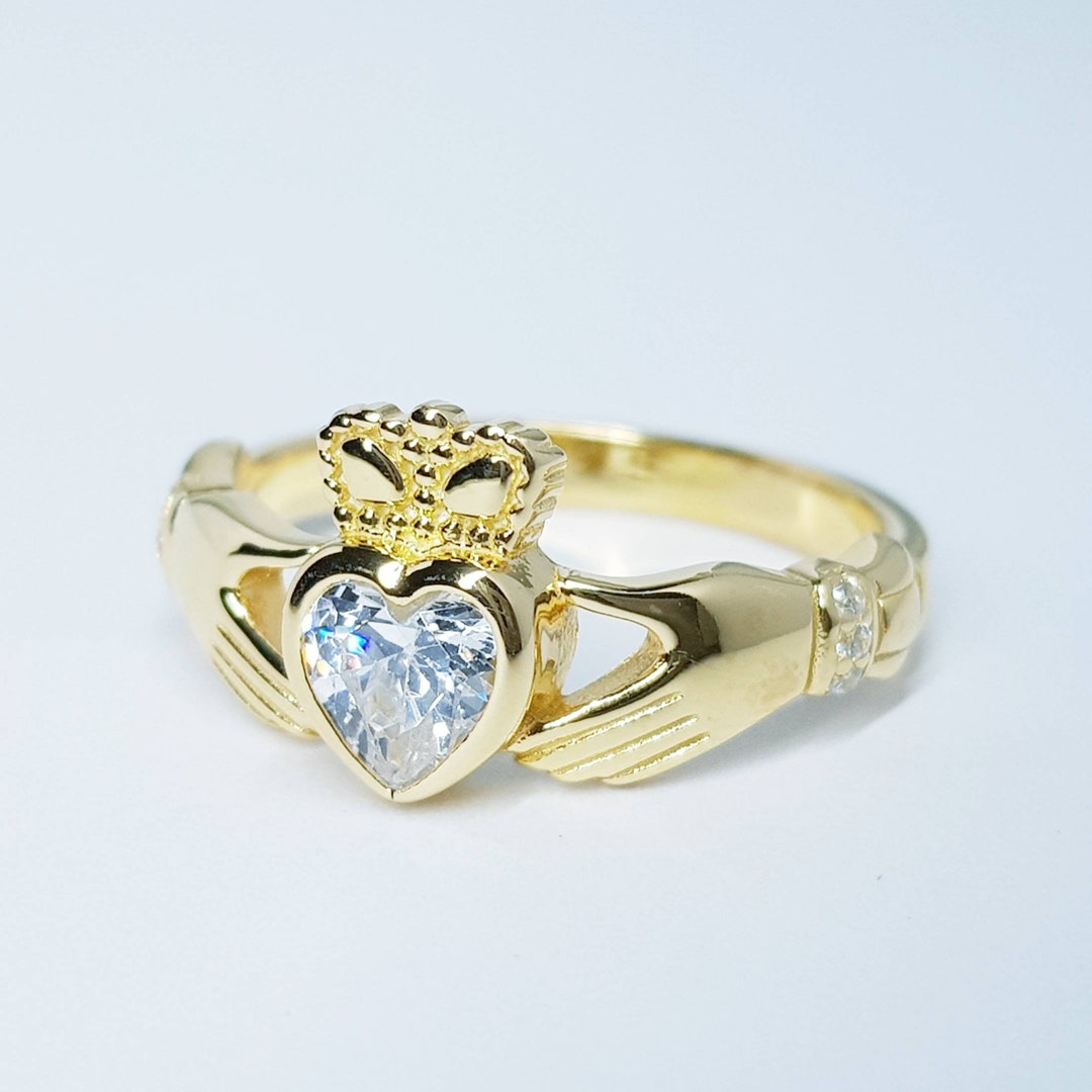 Yellow Gold Plated Claddagh Ring Set With Sparkling Synthetic Diamond ...