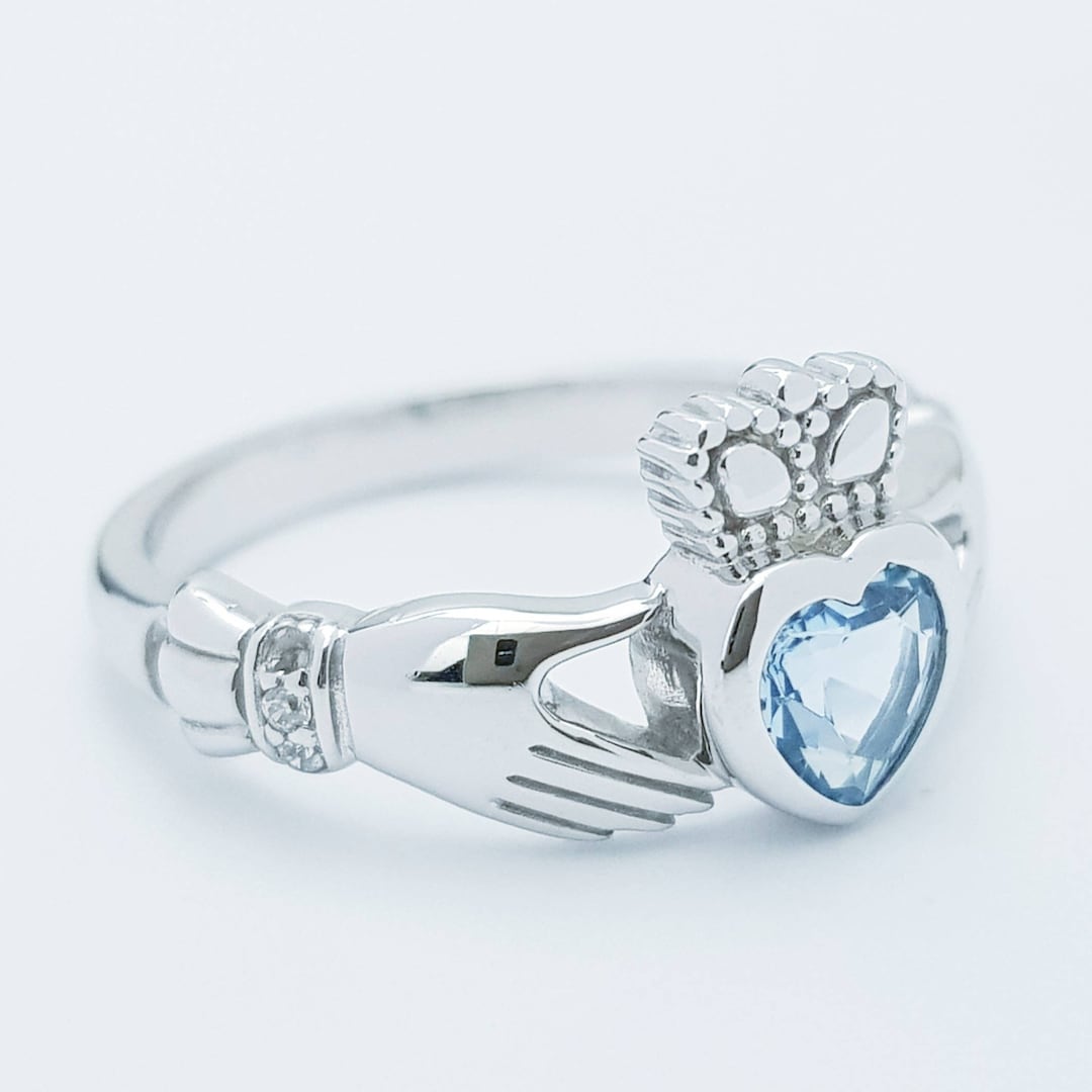 Sterling Silver Claddagh Ring Set With Aquamarine Blue Heart Shaped ...