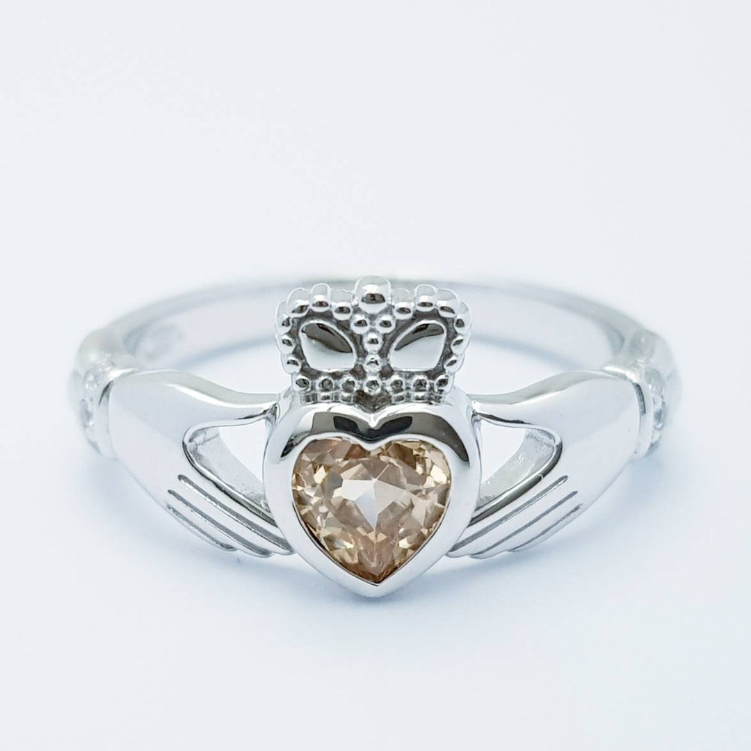 Sterling Silver Claddagh Ring Set With Champagne Citrine Stone ...
