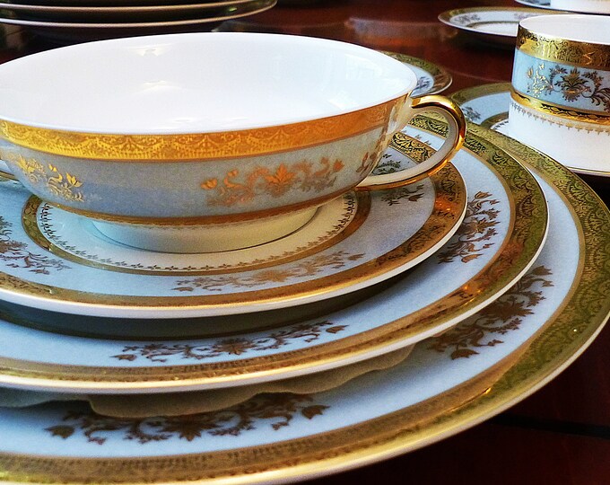 RARE 1931 Limoges Blue & Orange Colonial Pattern 19-piece Bone China ...