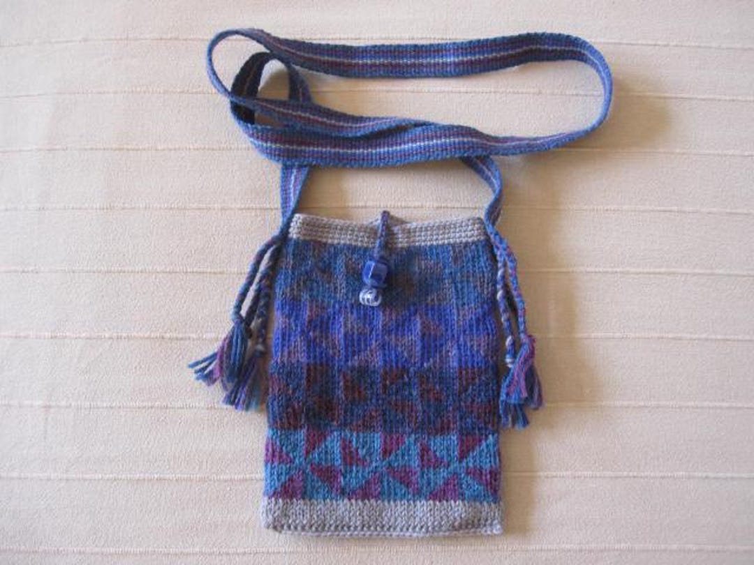 Small Blue Knitted Wool Bag With Woven Strap, Cross Body Phone & Wallet ...