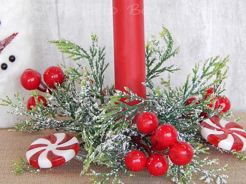 Snowy Pine & Red Berry Taper Ring: Christmas Mini Wreath Floral Supply ...