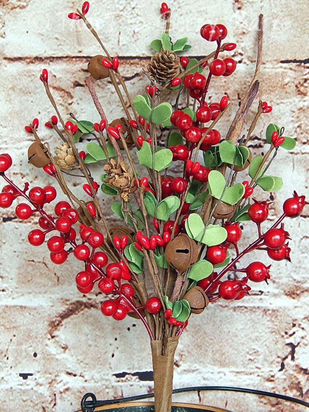 Christmas Berry Spray: Rusty Bells & Pine Cones, 17" Floral Pick - Etsy
