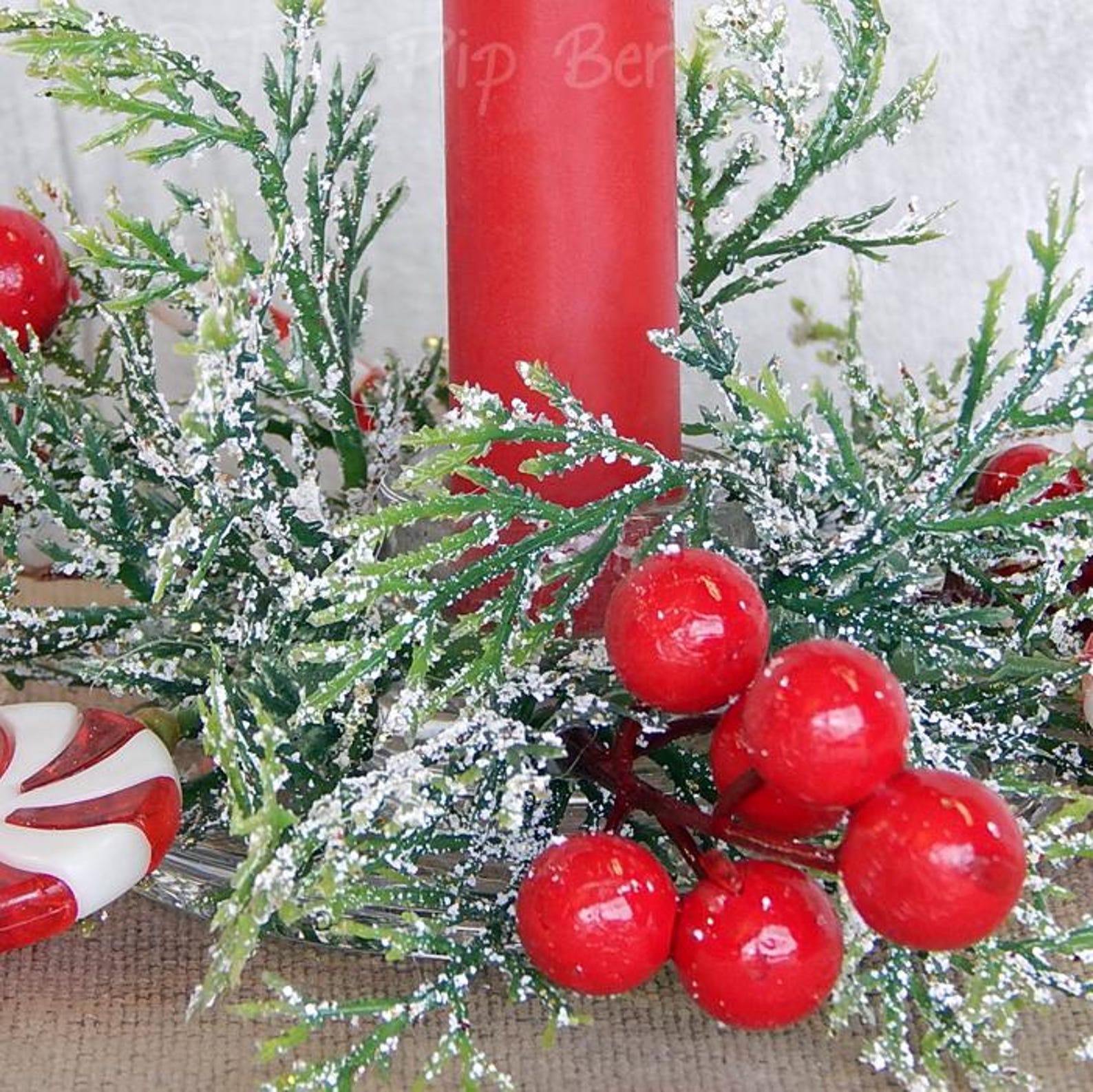 Snowy Pine & Red Berry Taper Ring: Christmas Mini Wreath Floral Supply ...