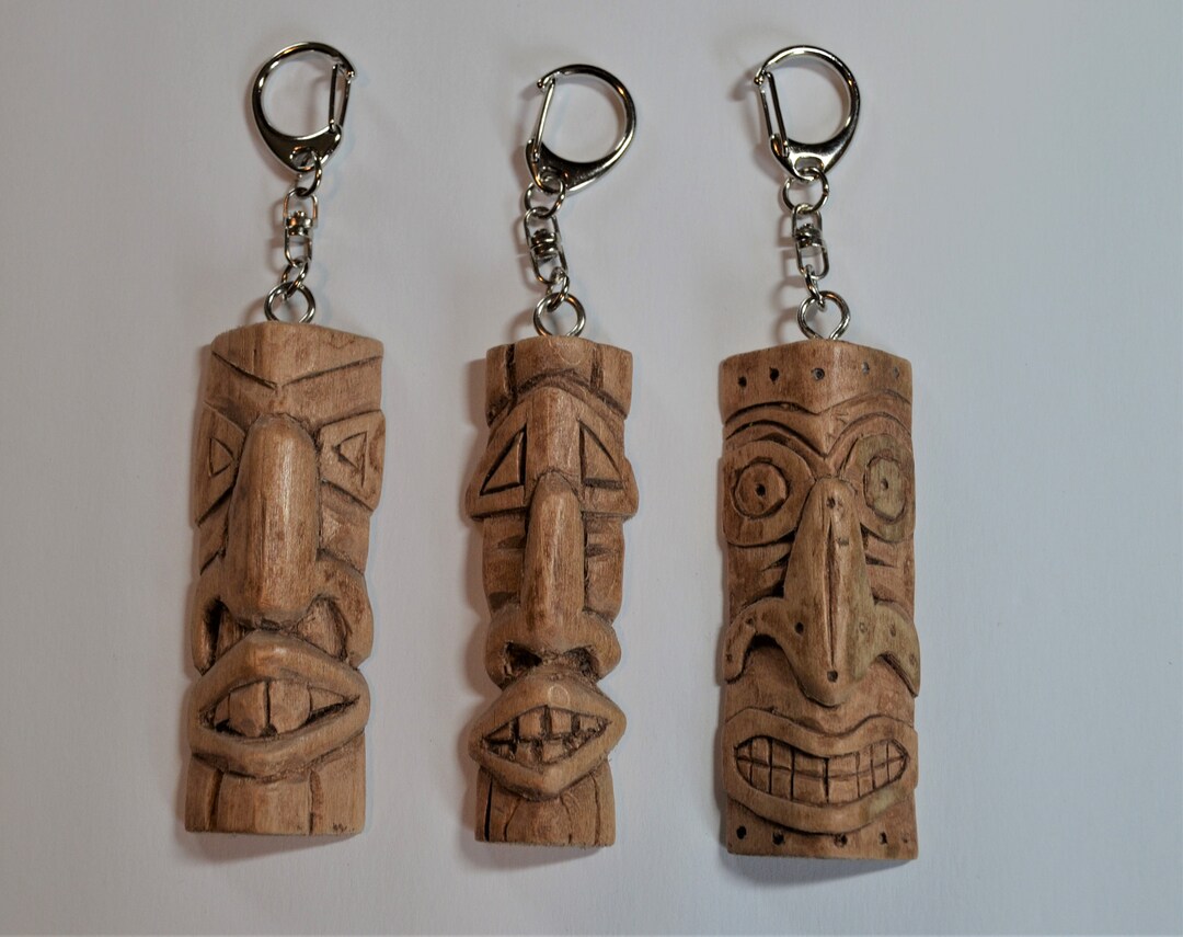 Tiki Totem Pole Keychain, Fashion Clip, Hand Carved Wood Tiki Good Luck ...
