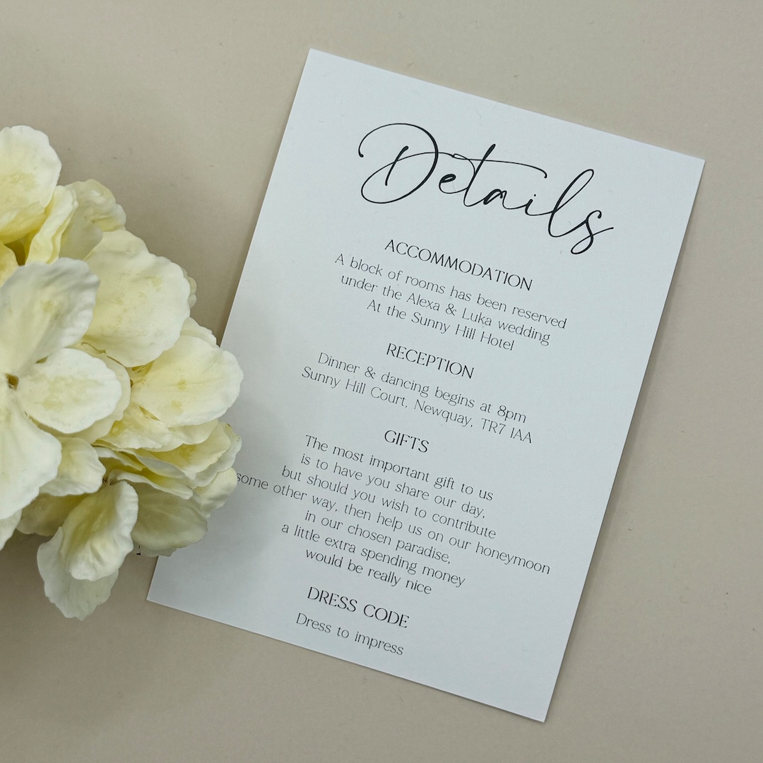 Personalized Wedding Details Card: Modern Information Card - Etsy
