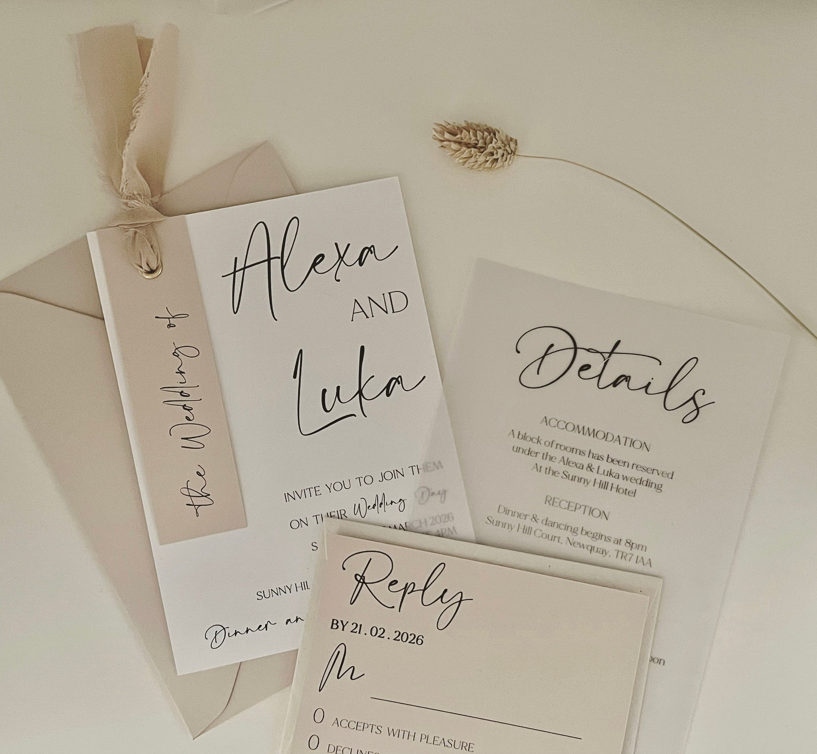 Neutral Wedding Invitation Set, Vellum Invitation, Ribbon Wedding ...