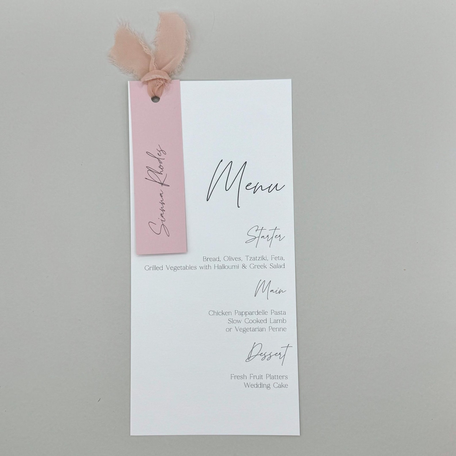 Elegant Wedding Menu Card: Pink Ribbon, Personalized Name Tag - Etsy