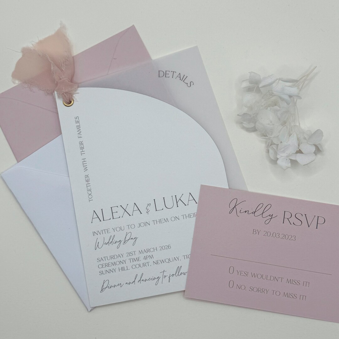 Blush Pink Wedding Invitation, Vellum Invitation Set, Ribbon Wedding ...