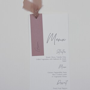 Dusky Pink Wedding Menu Cards, Modern Menu Card With Guest Names ...
