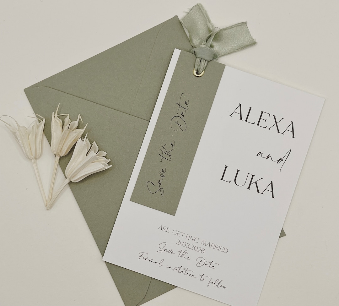 Sage Green Save the Date, Ribbon Save the Date Cards, Rustic Save the ...