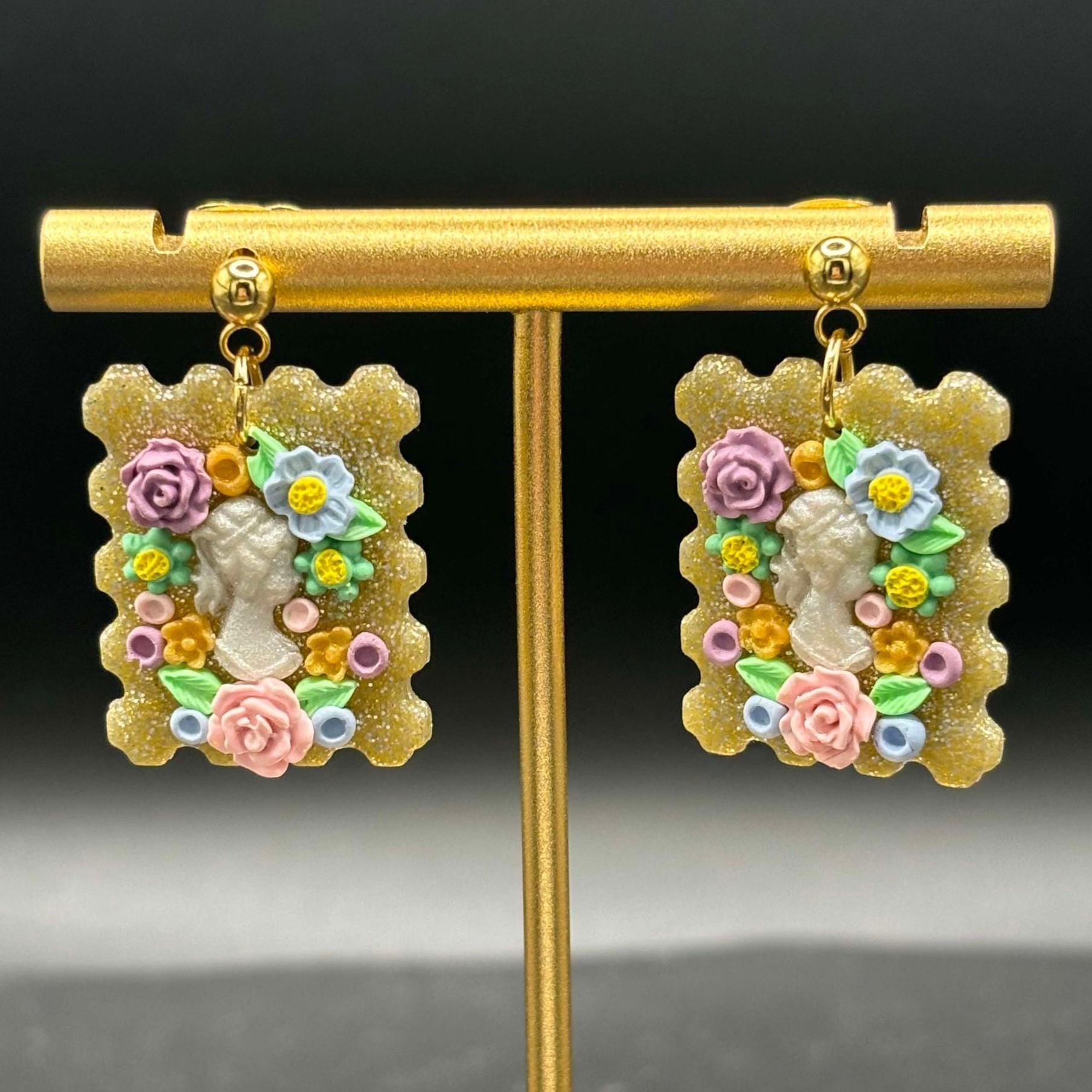 Bridgerton-inspired Gold Glitter Frame Earrings Vintage Cameo Style ...