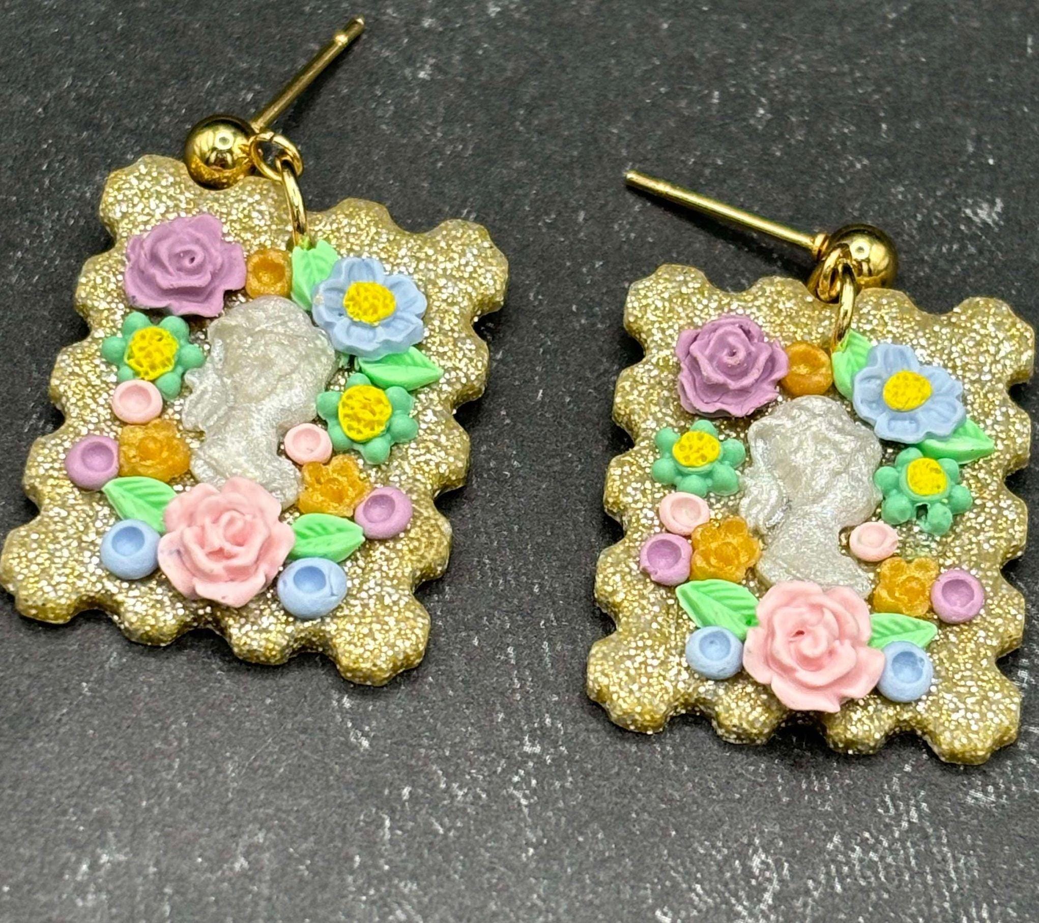 Bridgerton-inspired Gold Glitter Frame Earrings Vintage Cameo Style ...