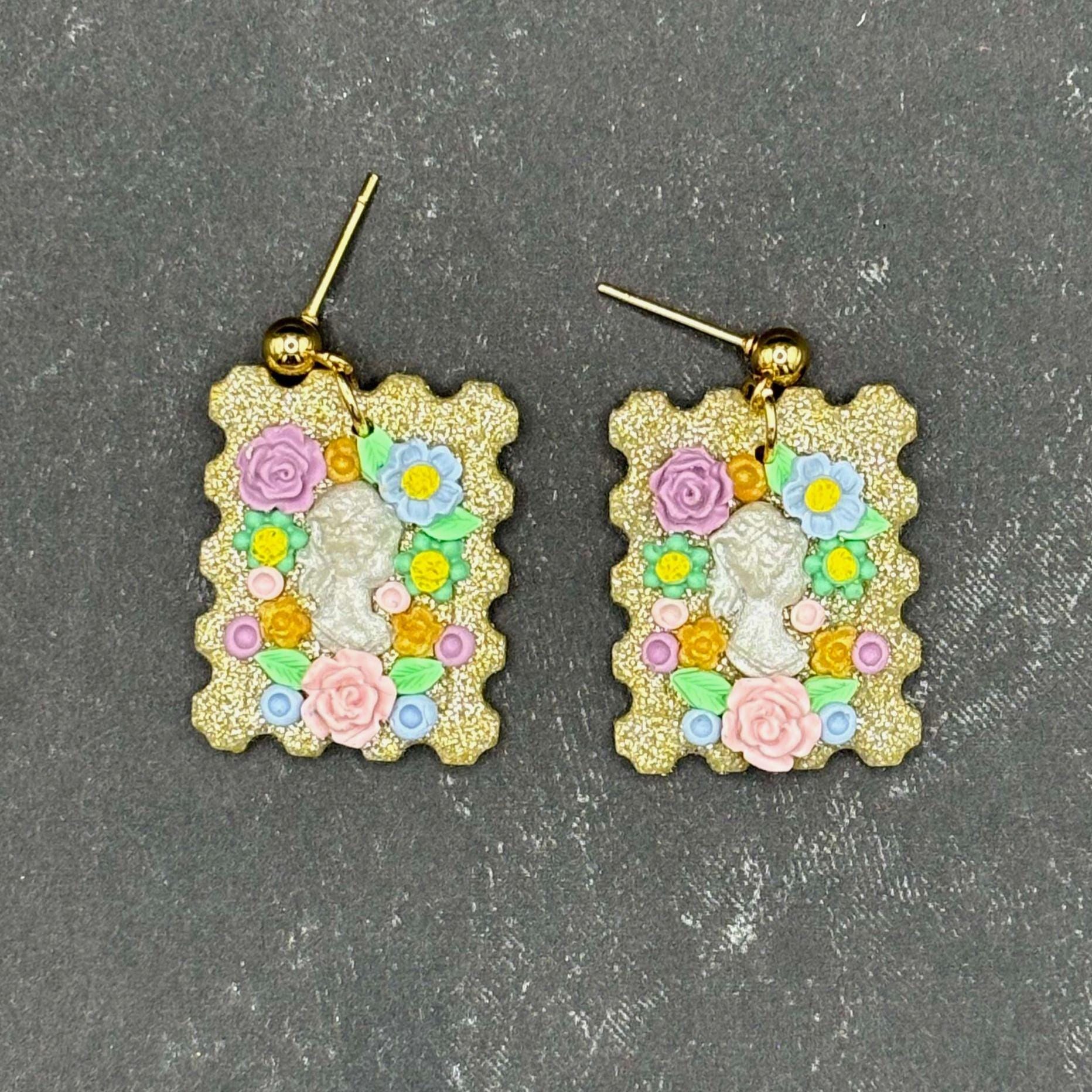 Bridgerton-inspired Gold Glitter Frame Earrings Vintage Cameo Style ...