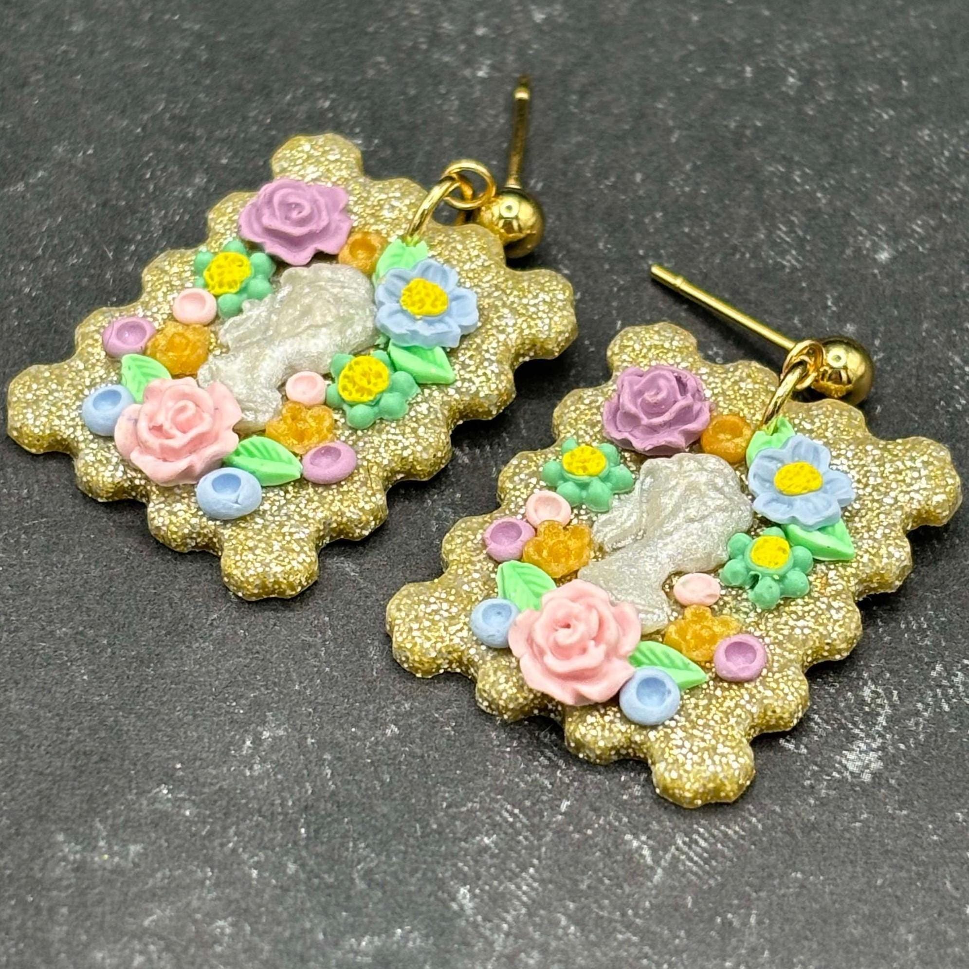 Bridgerton-inspired Gold Glitter Frame Earrings Vintage Cameo Style ...