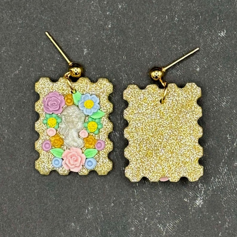 Bridgerton-inspired Gold Glitter Frame Earrings Vintage Cameo Style ...