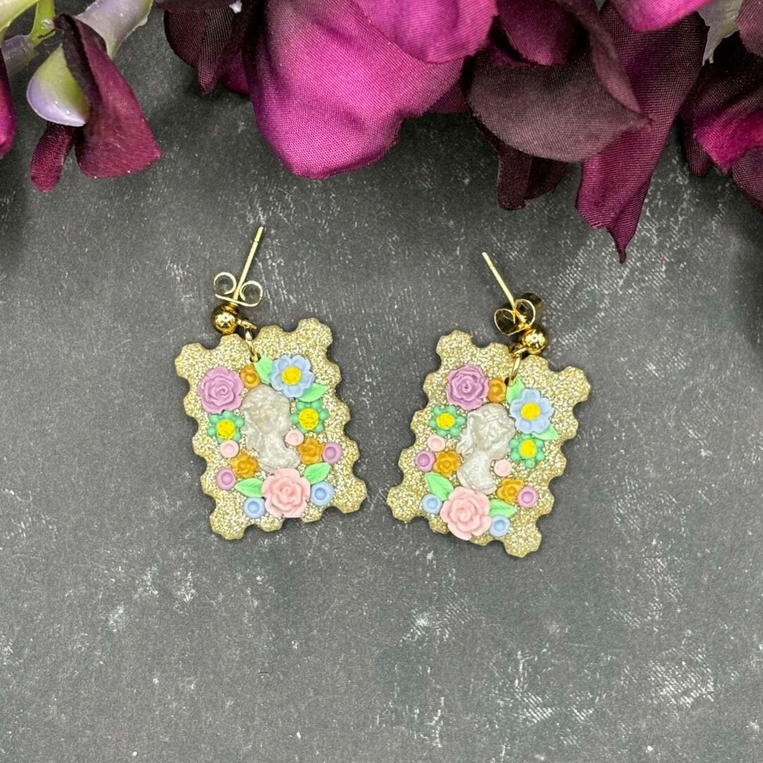 Bridgerton-inspired Gold Glitter Frame Earrings Vintage Cameo Style ...