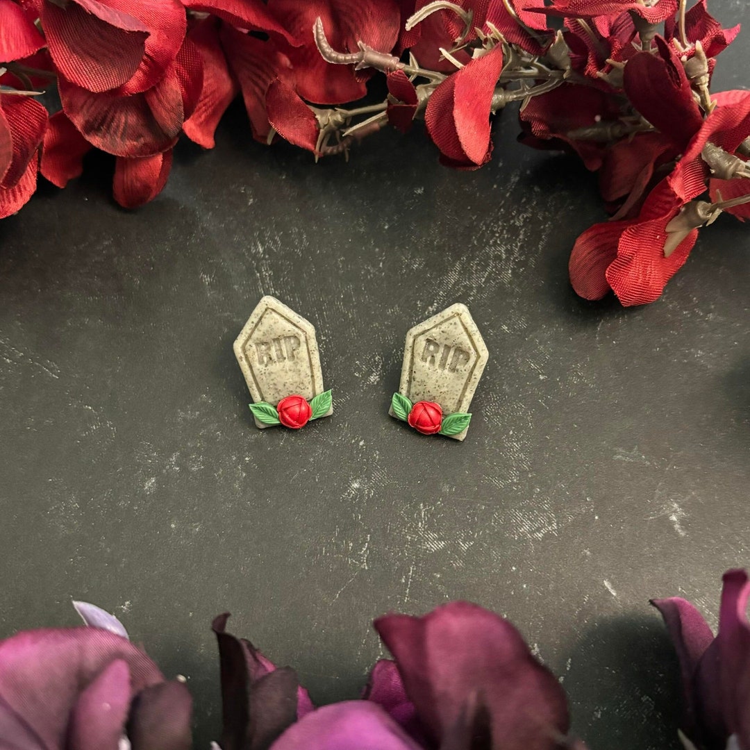 Graveyard RIP Headstone Stud Earrings With Red Roses Handcrafted Gothic ...