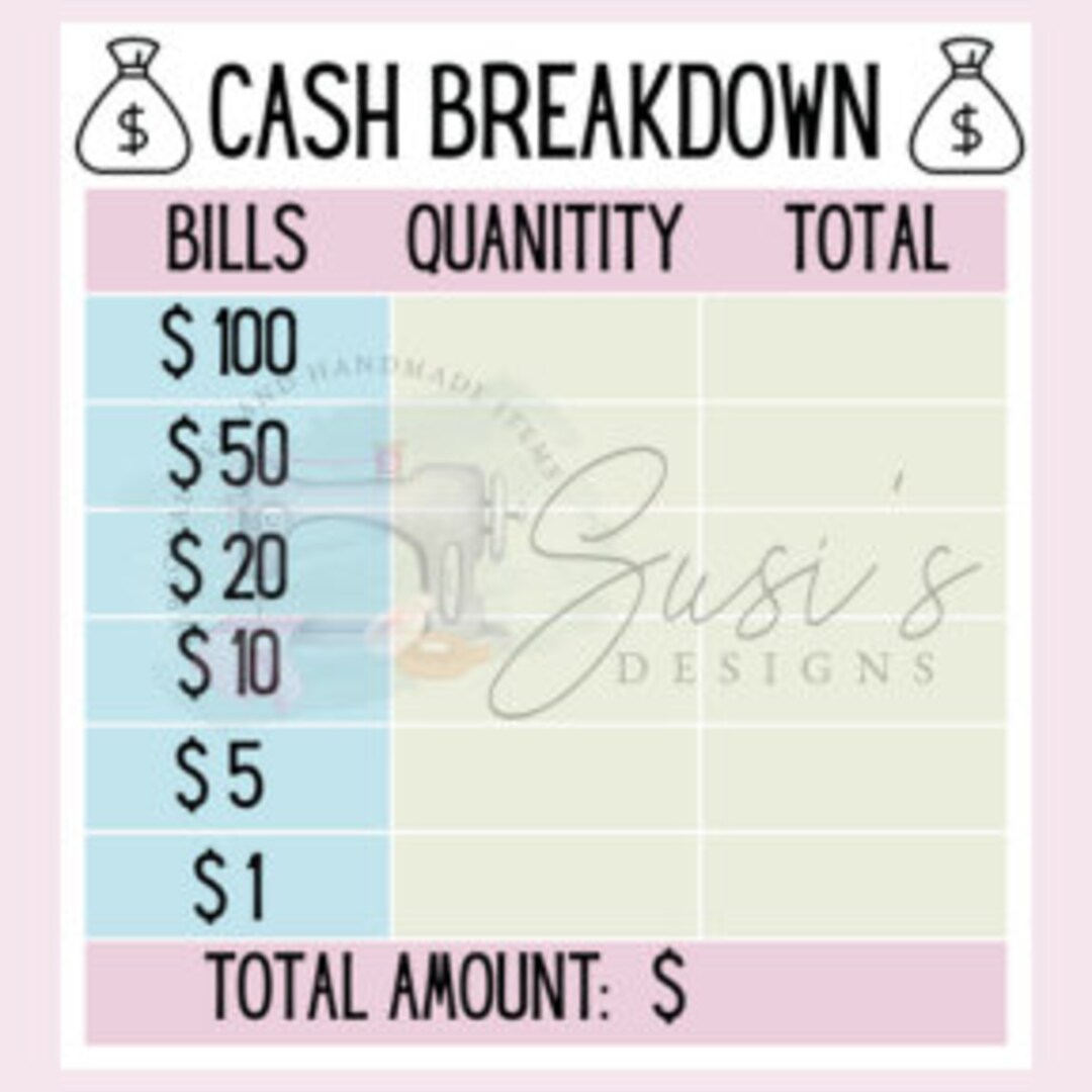 Cash Breakdown Sheet, Laminated Cash Breakdown - Etsy