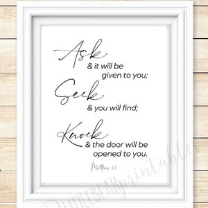 Ask, Seek, Knock, Matthew 7:7-8, Bible Verse Printable, Christian Wall ...