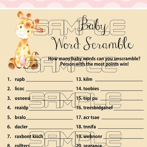 Baby Shower Games Baby Word Scramble Game Giraffe Baby | Etsy
