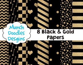 Black & Gold Digital Paper Chevron Stripes Dots Geometric - Etsy