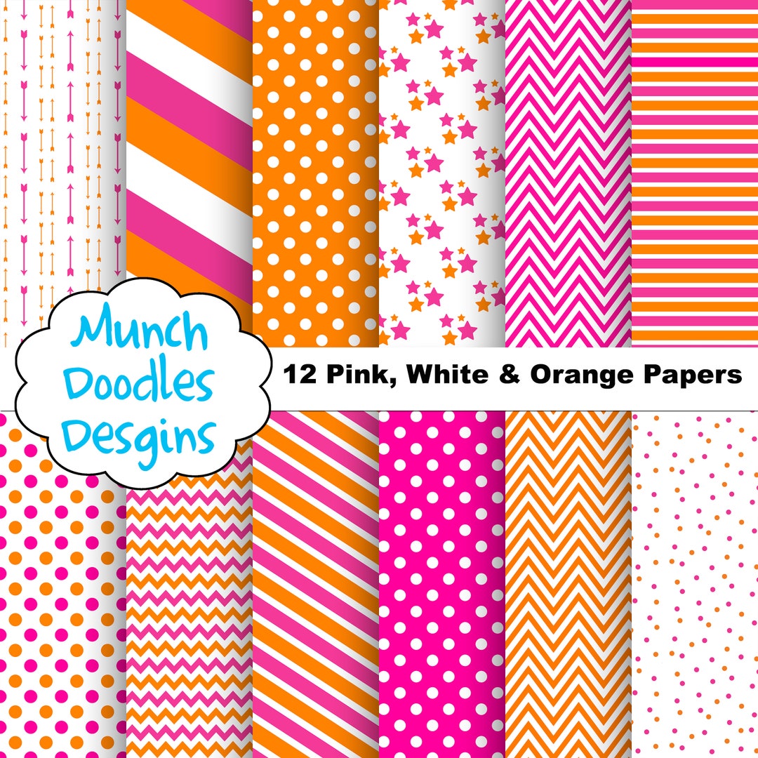 Pink and Orange Digital Papers, Pink Orange White Paper, Scrapbooking ...