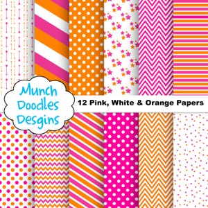 Pink and Orange Digital Papers, Pink Orange White Paper, Scrapbooking ...