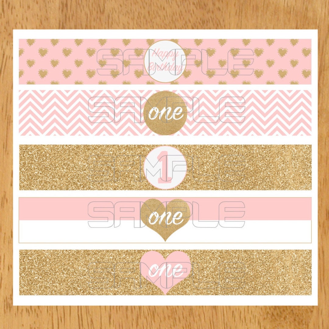Pink and Gold Water Bottle Labels, Gold Glitter Water Bottle Labels ...