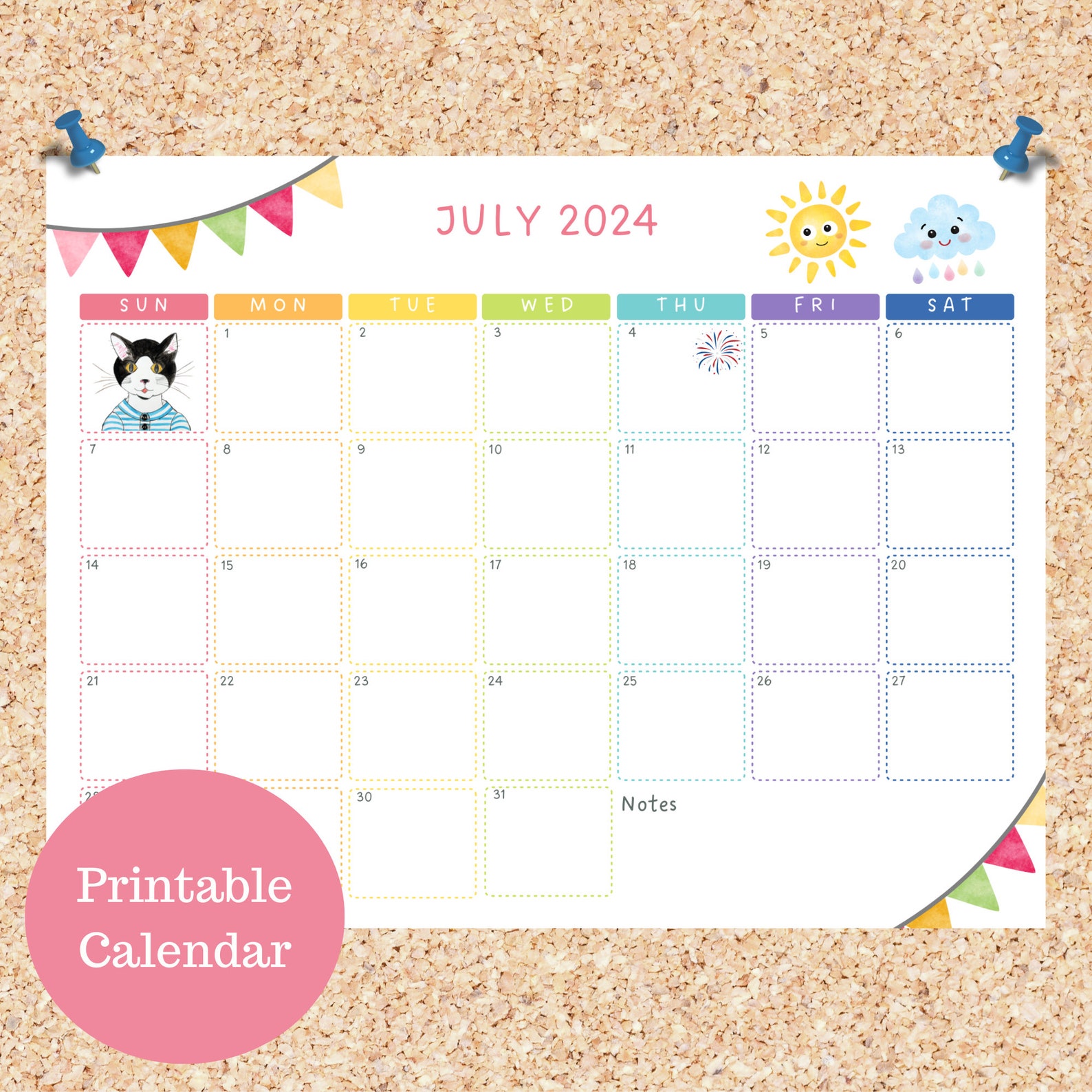Oli Kids Co July 2024 Printable Calendar, Downloadable Calendar, Cat ...