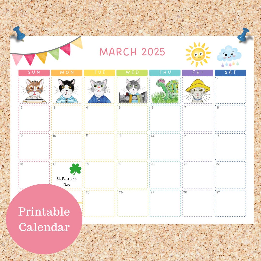 Oli Kids Co March 2025 Printable Calendar, Downloadable Calendar, Cat ...
